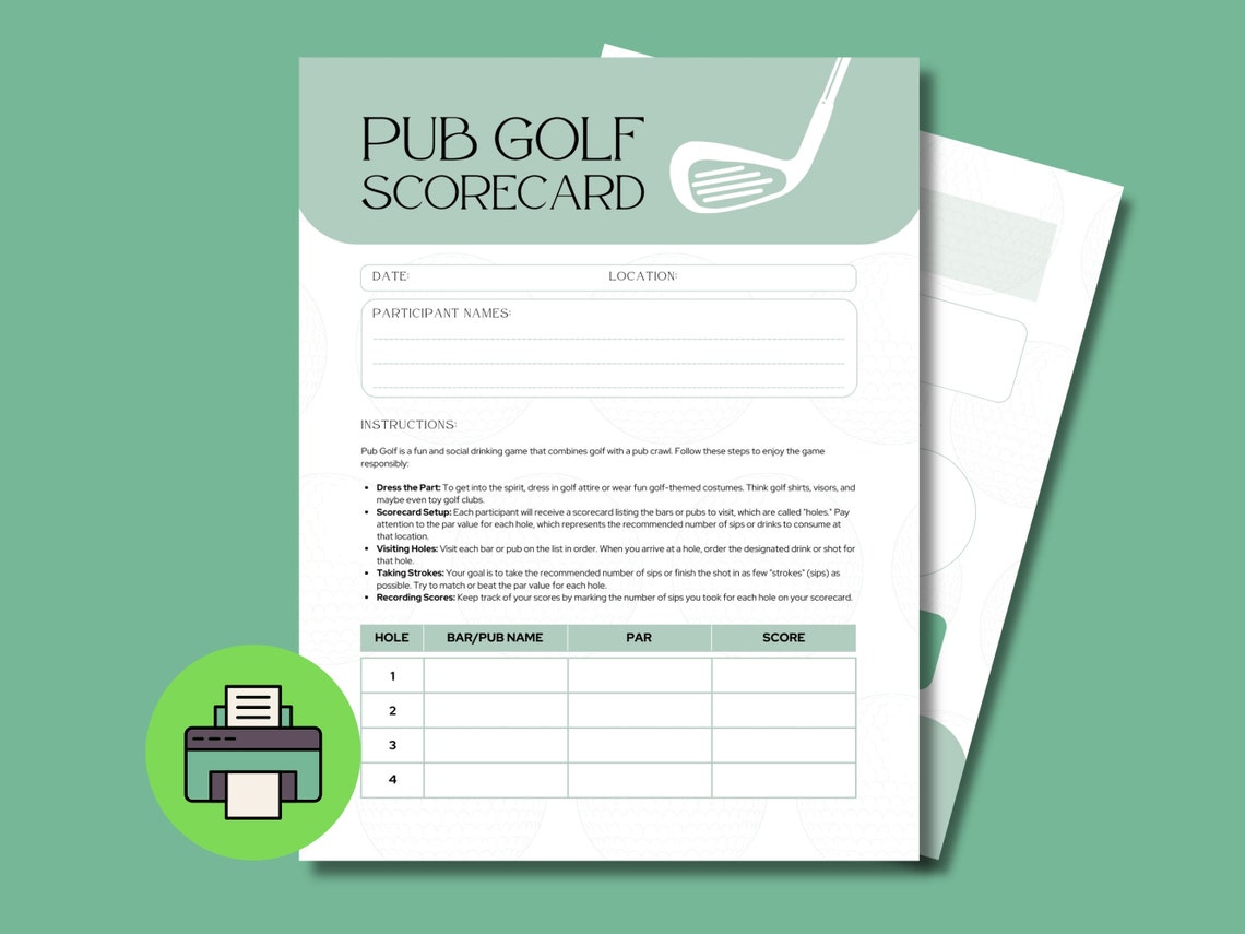 Pub Golf Scorecard Minimalist Printable PDF | Drinking Game Scorecard ...