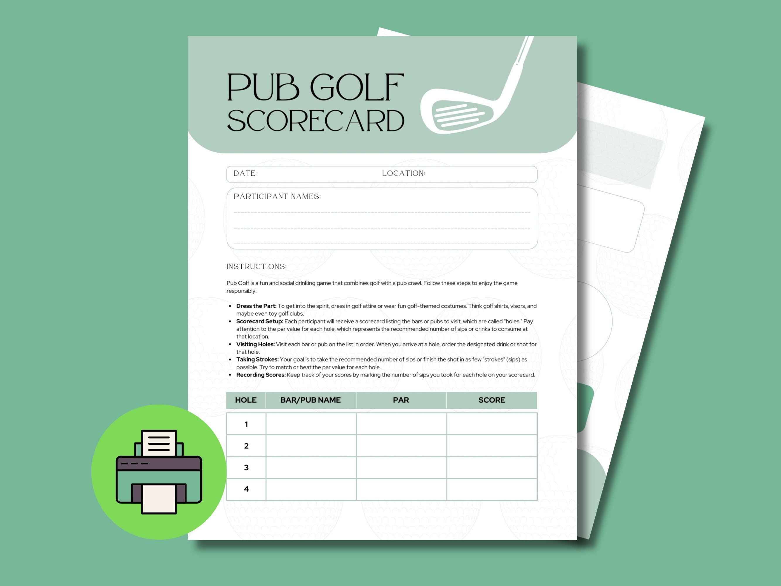 Pub Golf Scorecard Minimalist Printable PDF | Drinking Game Scorecard ...