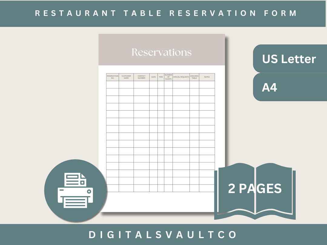 Restaurant Table Reservation Form Minimalist PDF Printable Dining ...