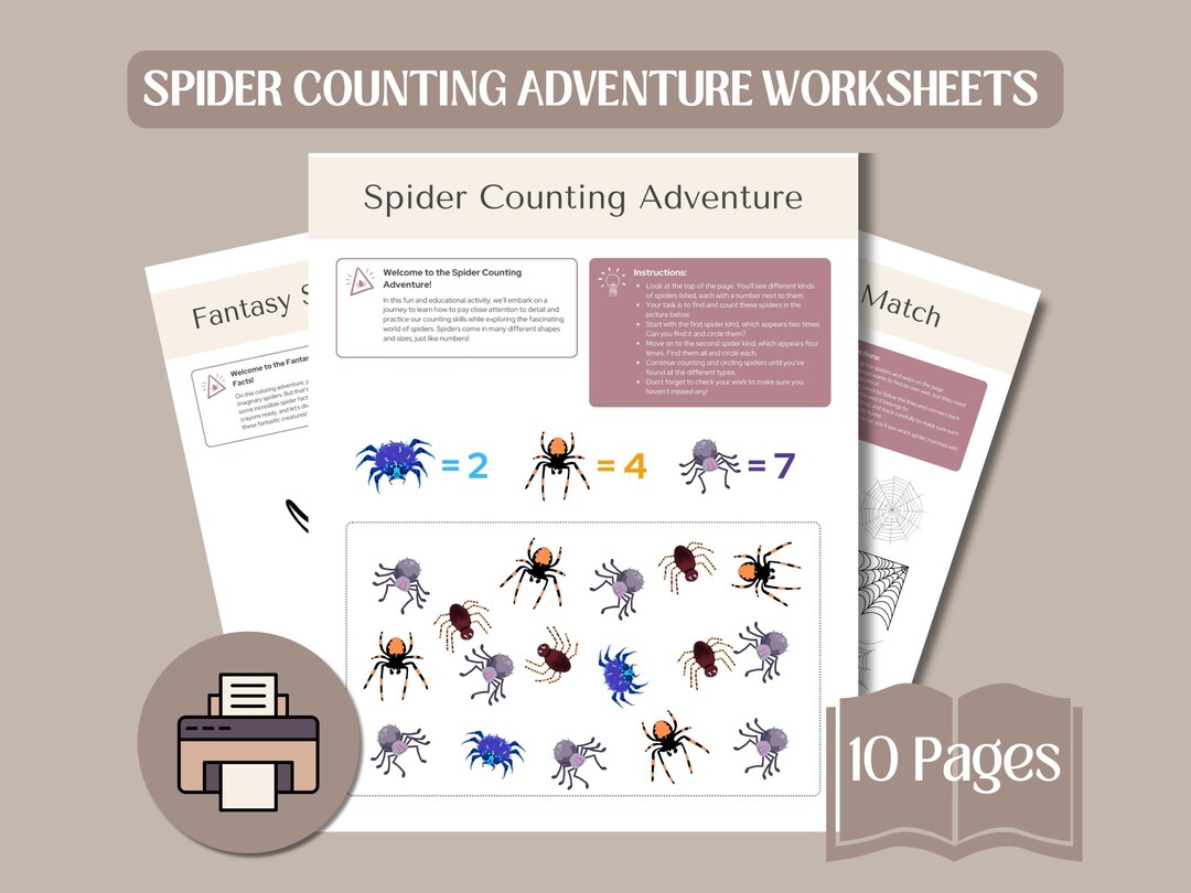 Preschool Spider Counting Adventure Worksheets Printable Minimalist PDF ...