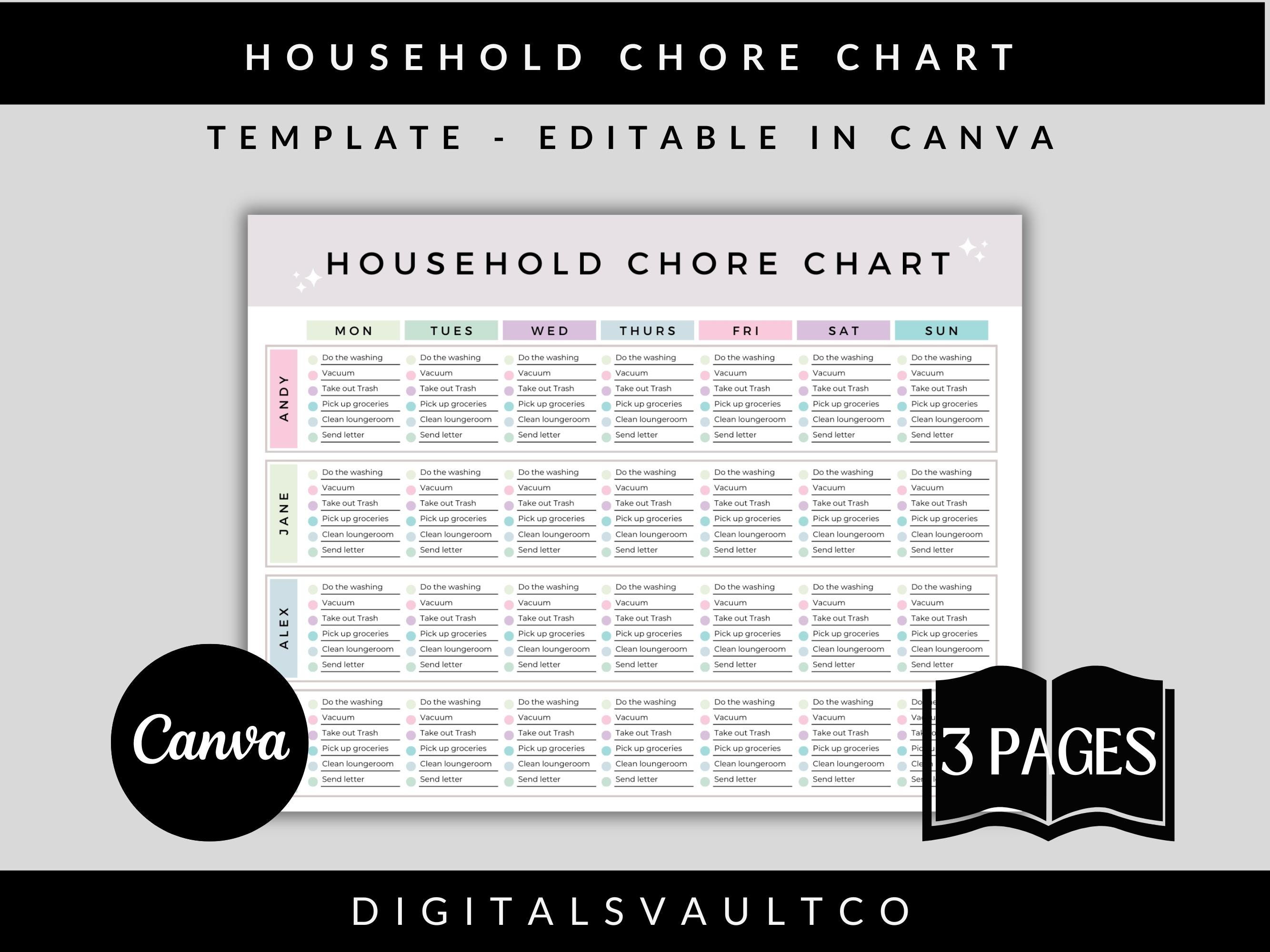Household Chore Chart Customizable Template | Dorm Chore Organizer for ...