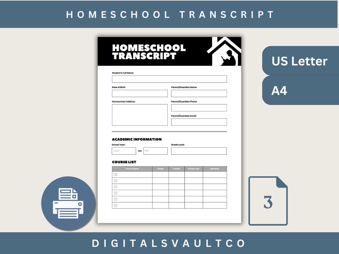 Homeschool Transcript Printable | High School Record | Transcript for ...
