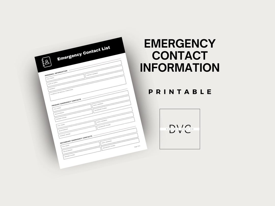 Emergency Contact Information PDF Printable Personal Safety Form for ...