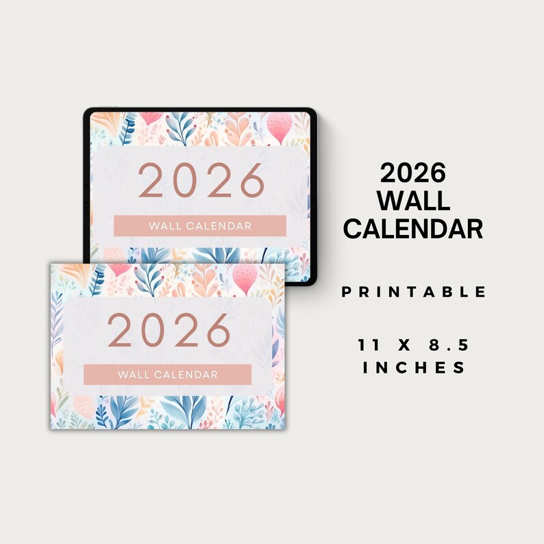Watercolor Wall Calendar 2026 Printable Monthly Planner Art, Floral ...