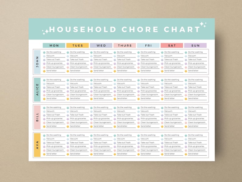 Household Chore Chart Template | Customizable Dorm Chore Organizer for ...