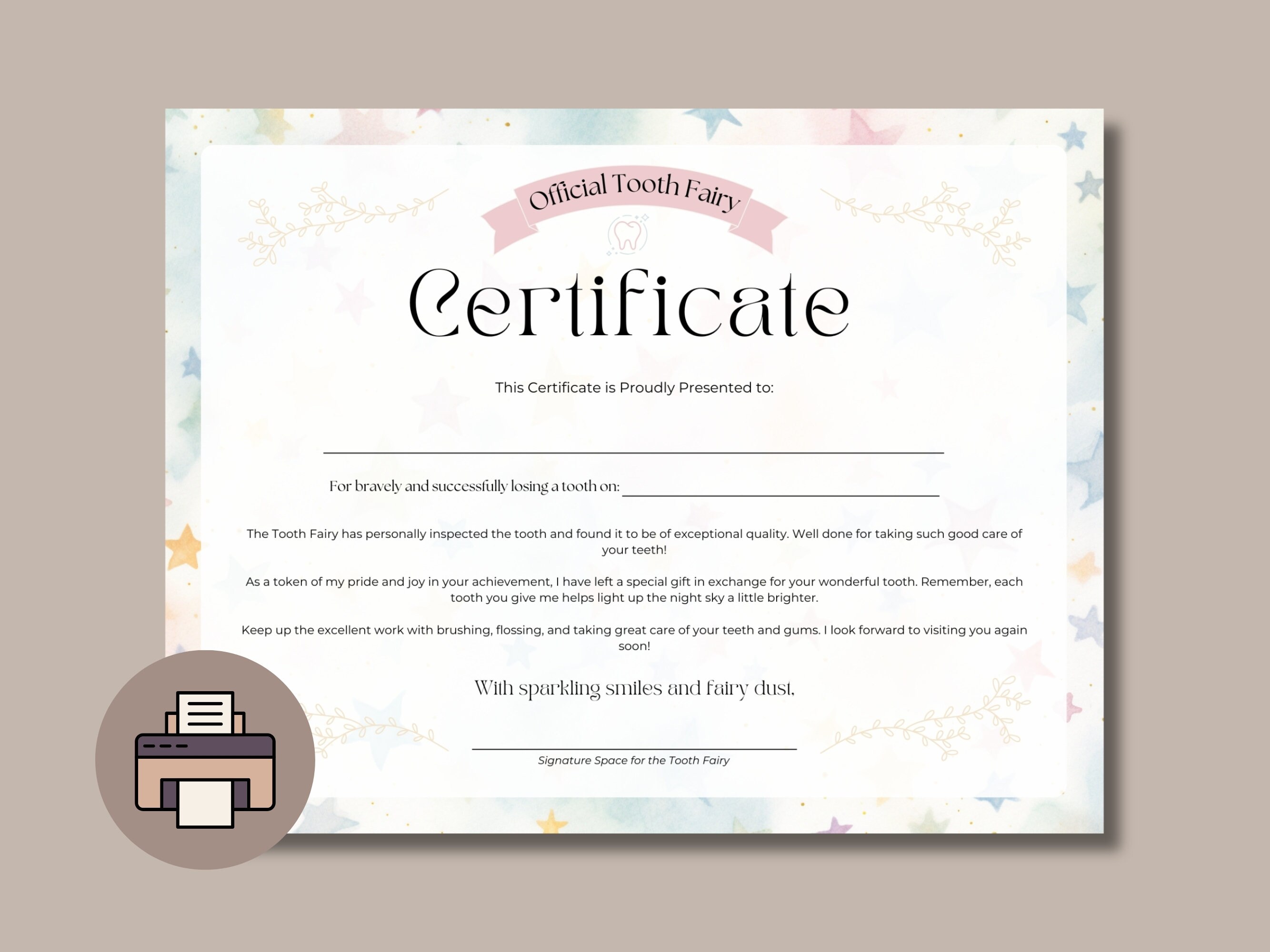 Tooth Fairy Certificate Printable Minimalist PDF Personalized Tooth ...