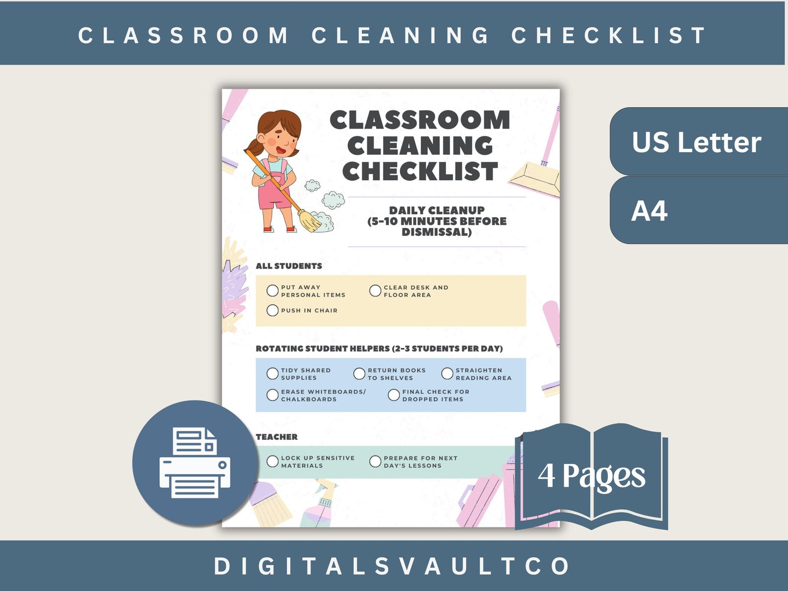 Classroom Cleaning Checklist Printable | Daily, Weekly, Monthly Tasks ...