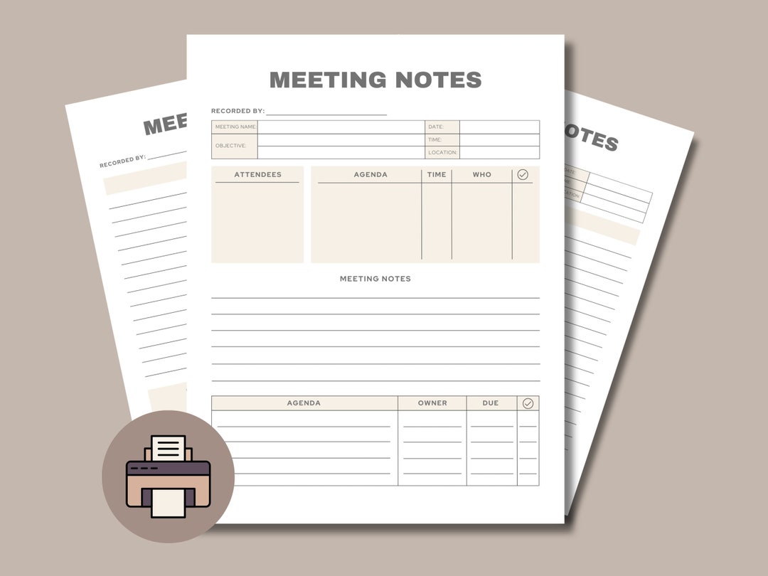 Meeting Notes Template Minimalist Printable PDF | Conference Minutes ...