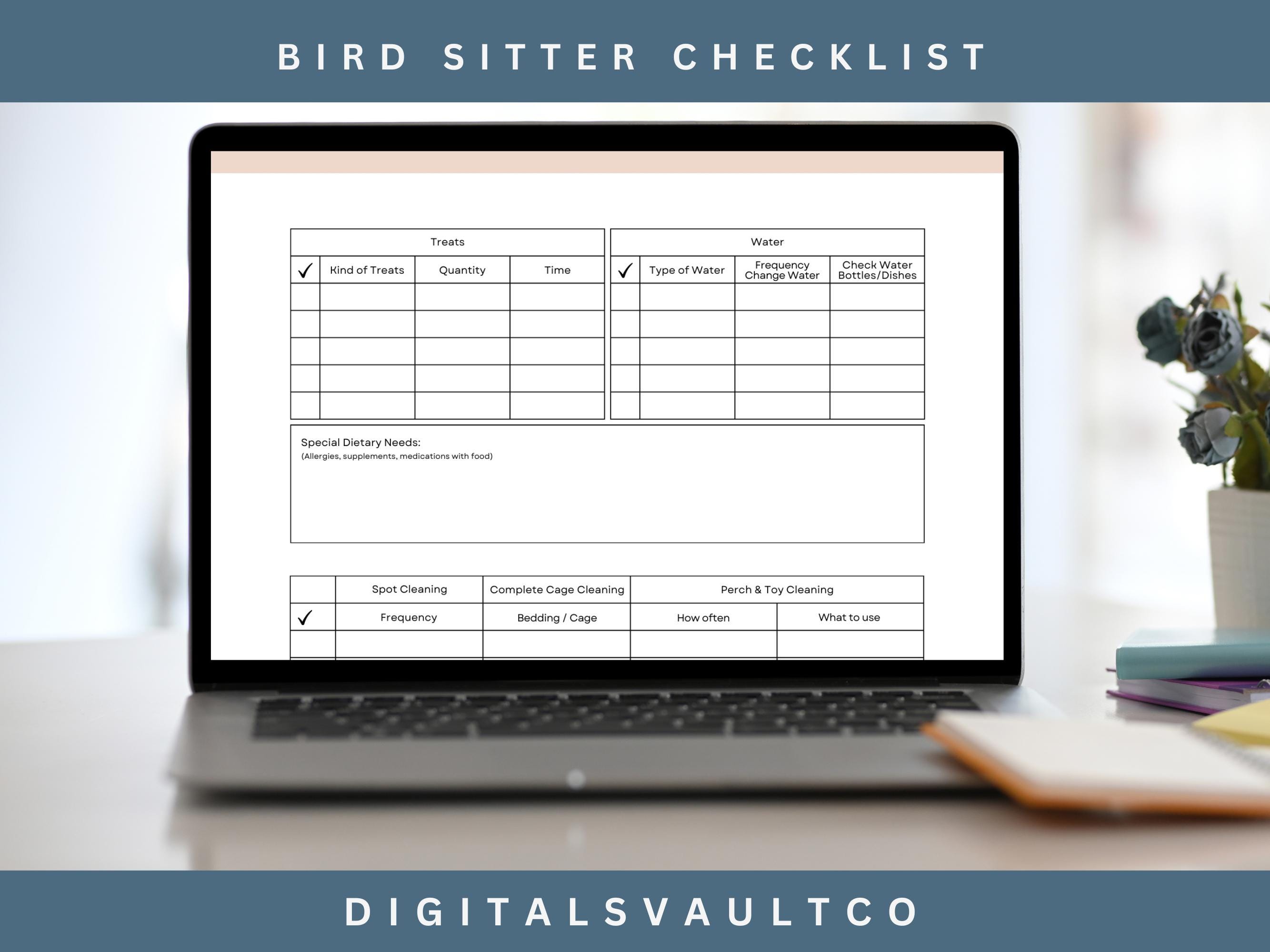 Bird Sitter Printable Checklist | Parrot Sitting Routine Instruction ...