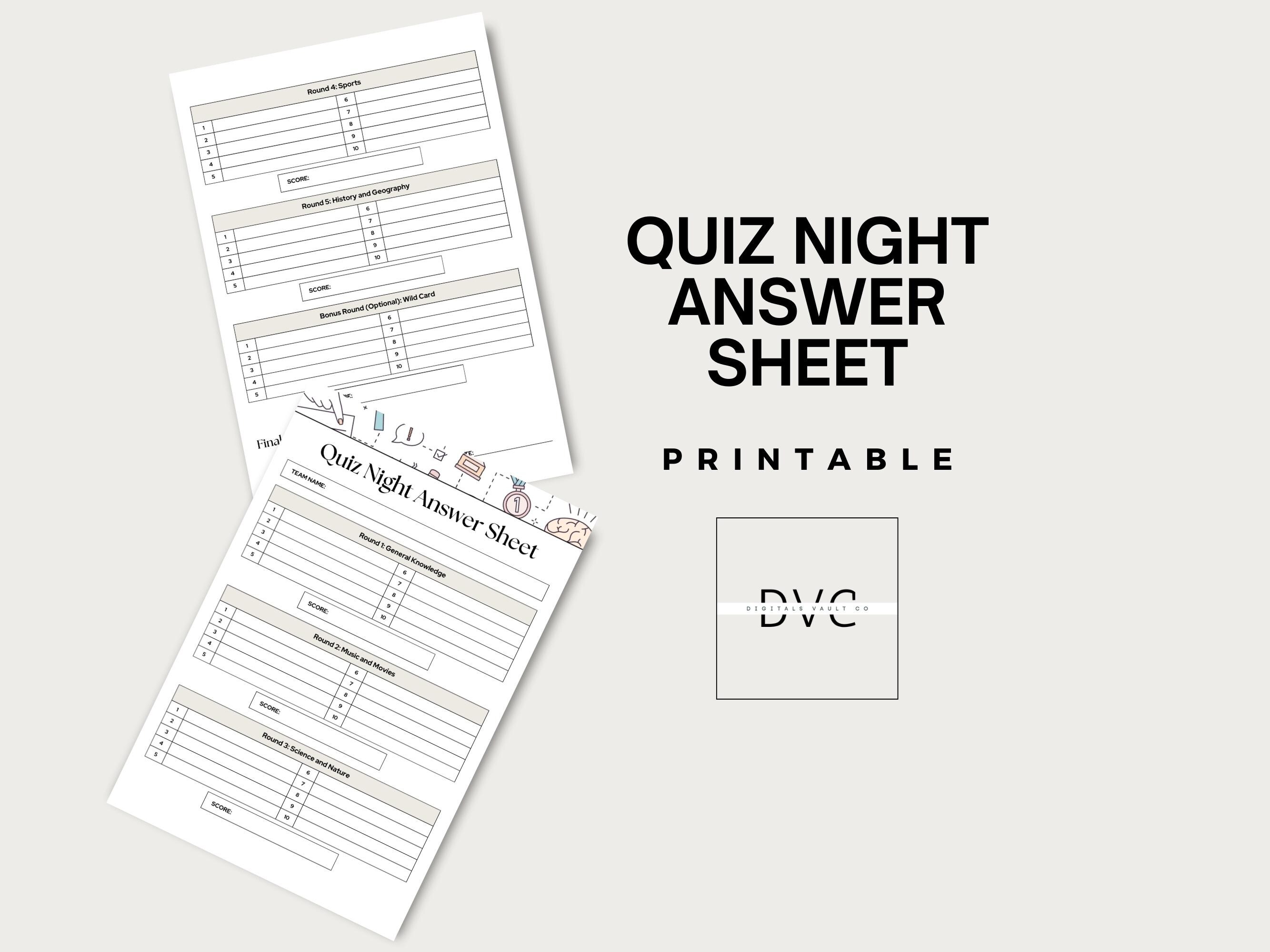 Quiz Night Answer Sheet Printable PDF | Trivia Night Answers Record ...