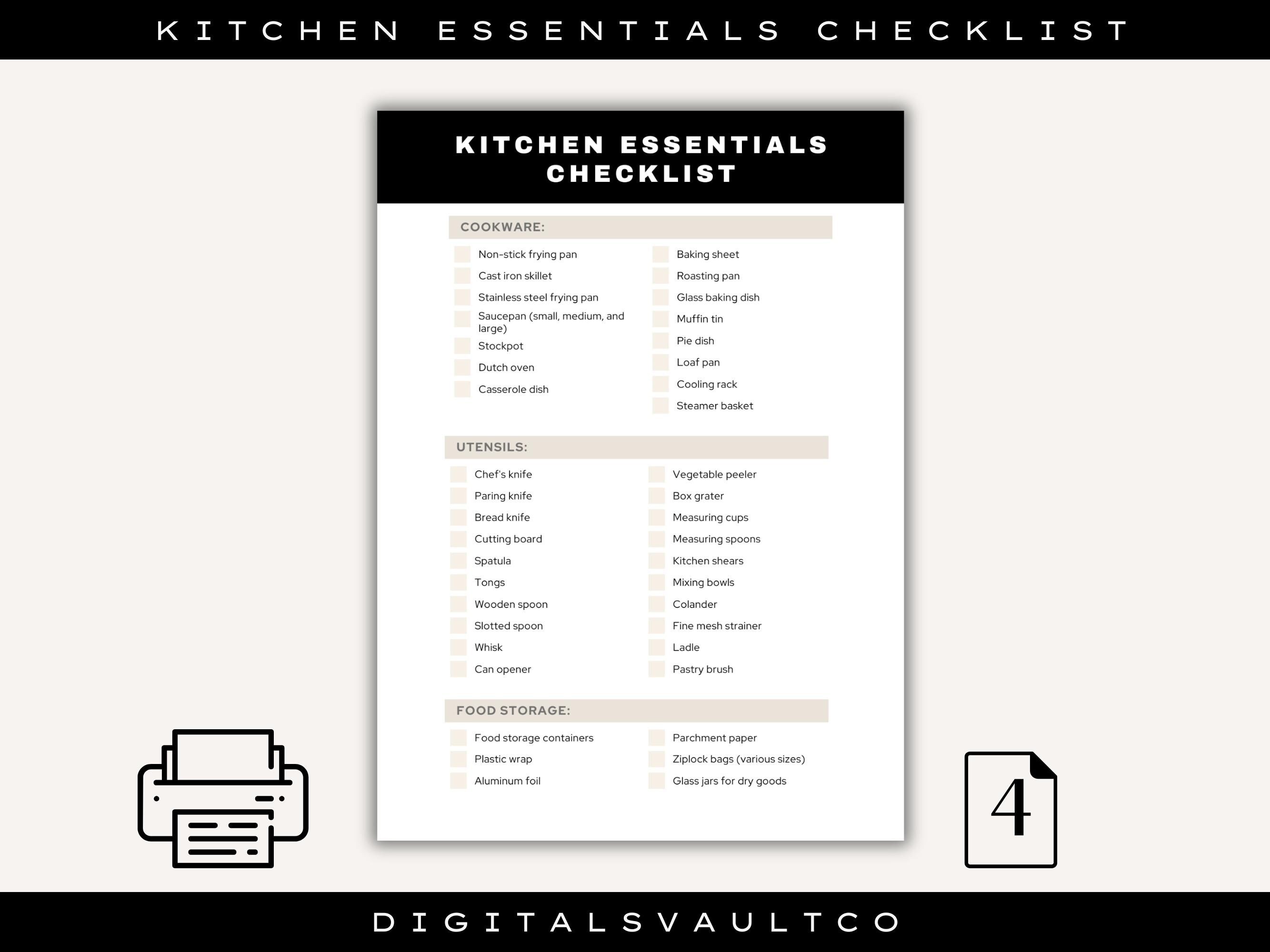 Kitchen Essentials Checklist Minimalist PDF Printable | Kitchen Tools ...