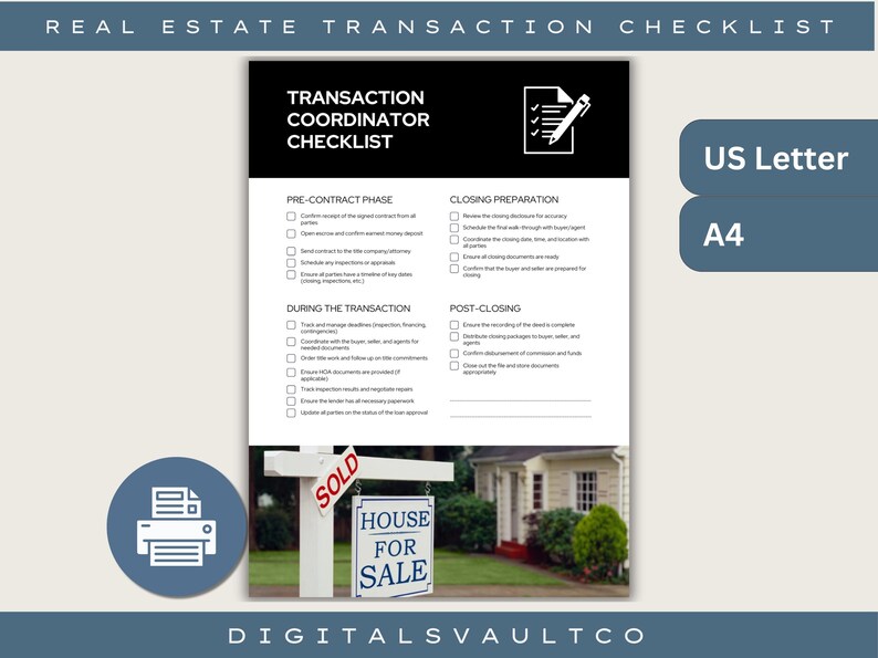 Real Estate Transaction Checklist Printable PDF | Estate Agent Property ...