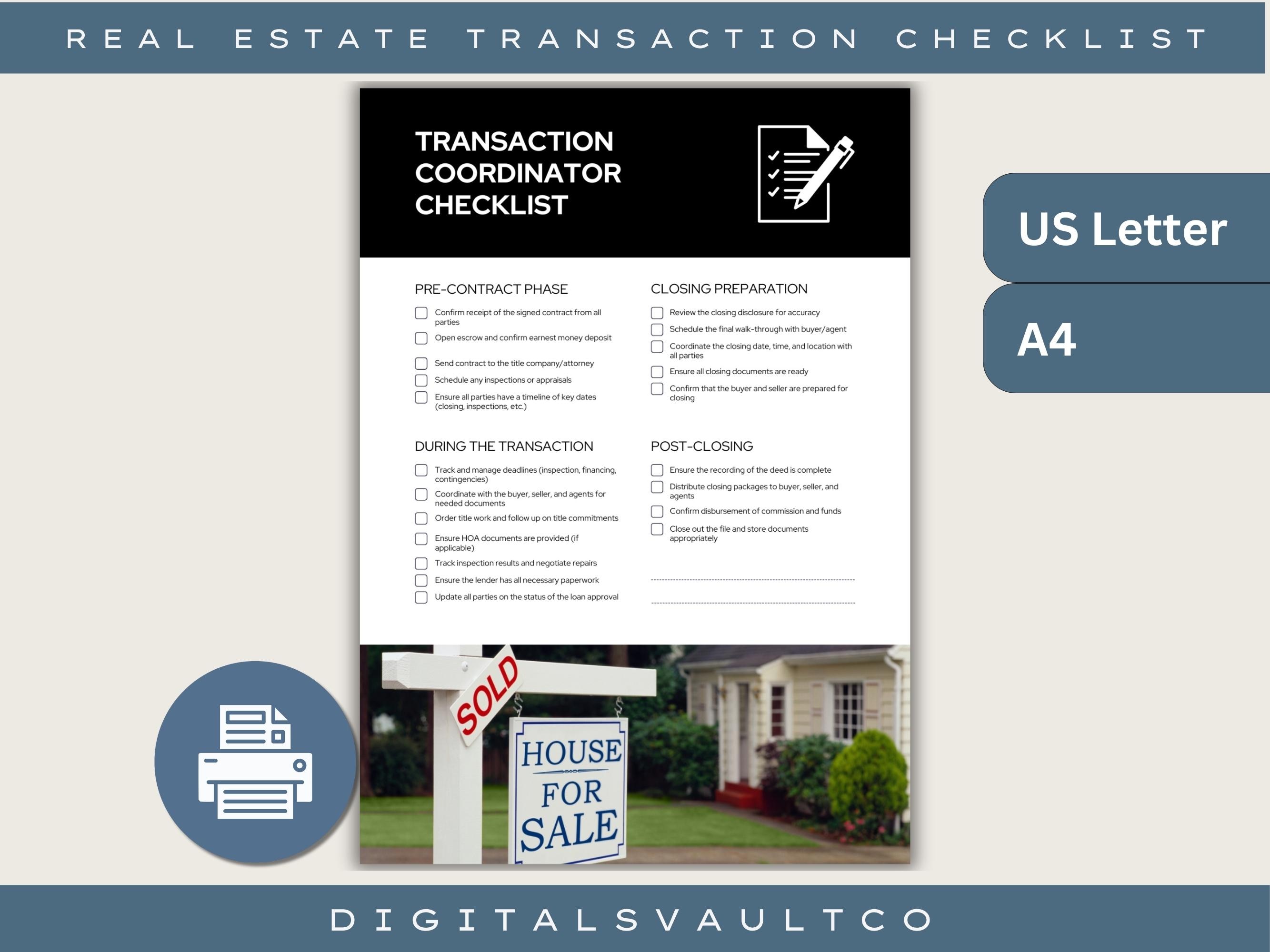 Real Estate Transaction Checklist Printable PDF | Estate Agent Property ...