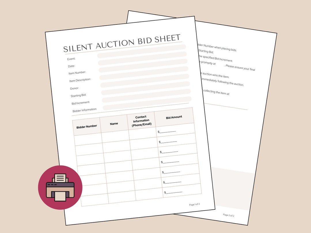 Silent Auction Bid Sheets | Minimalist PDF Printable Auction Forms ...
