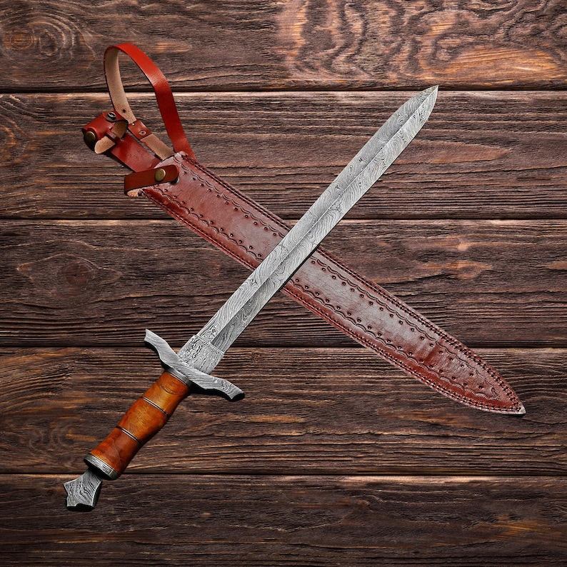Handmade Forged Damascus Steel Short Sword With Leather Cover, Medieval ...