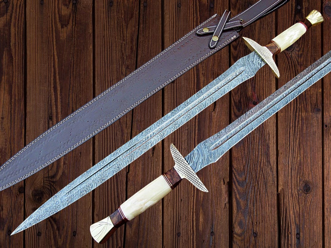 Handmade Damascus Steel Forged Sword With Leather Cover, Medieval ...