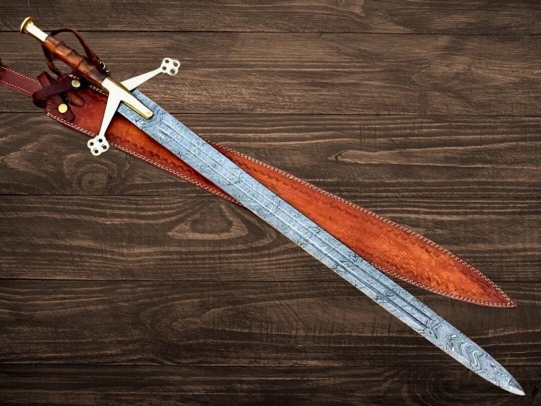 Damascus Steel Handmade Scottish Claymore Sword With Leather Cover ...