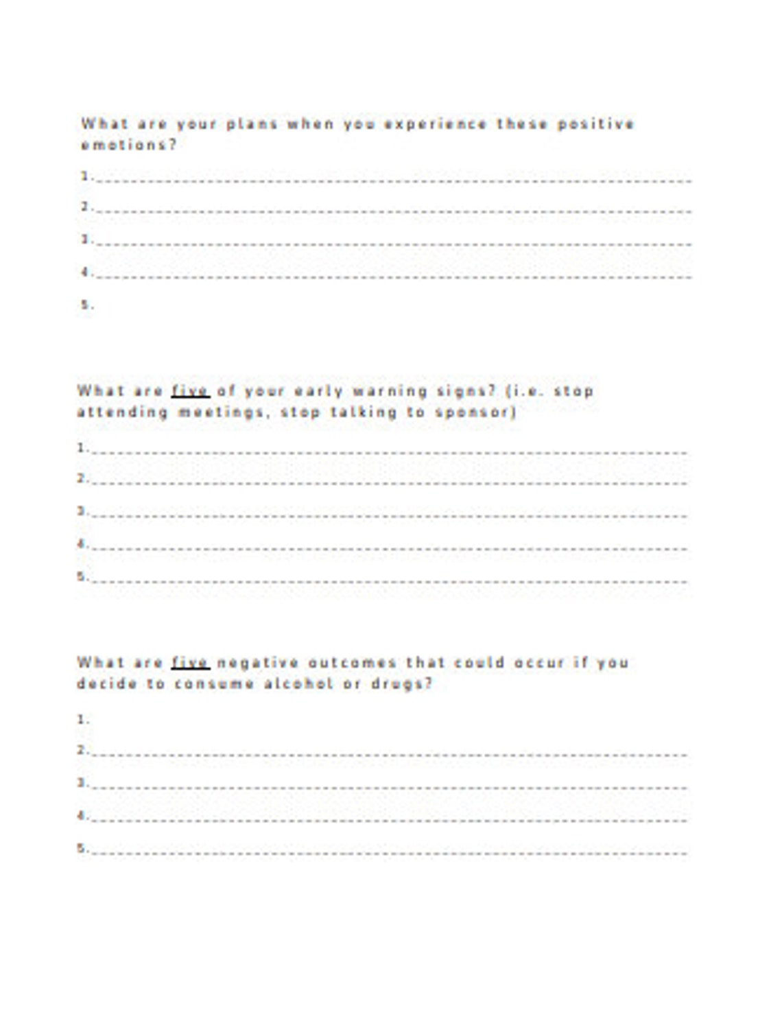 Substance Use Printable Relapse Plan for Counseling, Sobriety, and ...