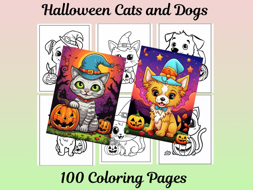 Combo Pac of 100 Cat and Dog Halloween Coloring Pages for Kids Children ...