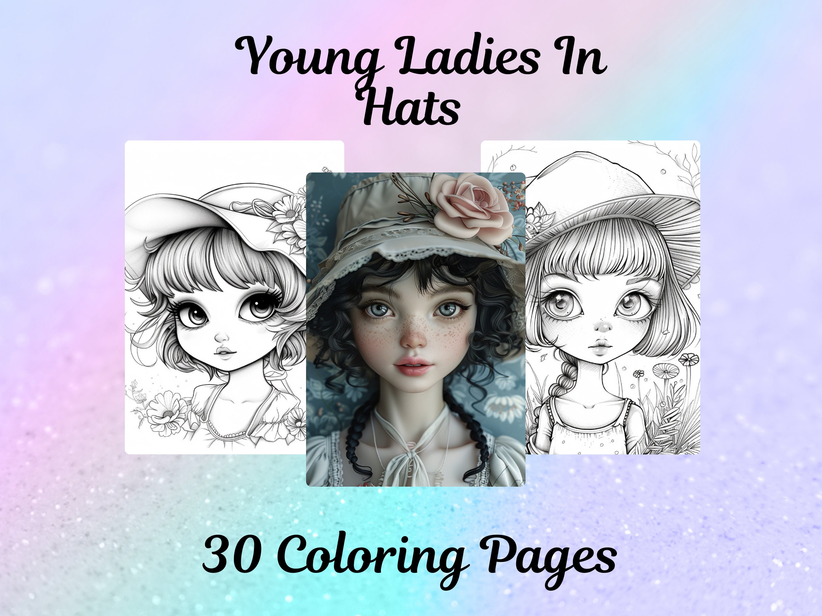 30 Girls in Hats Anime Coloring Pages, Grayscale Printable Coloring ...