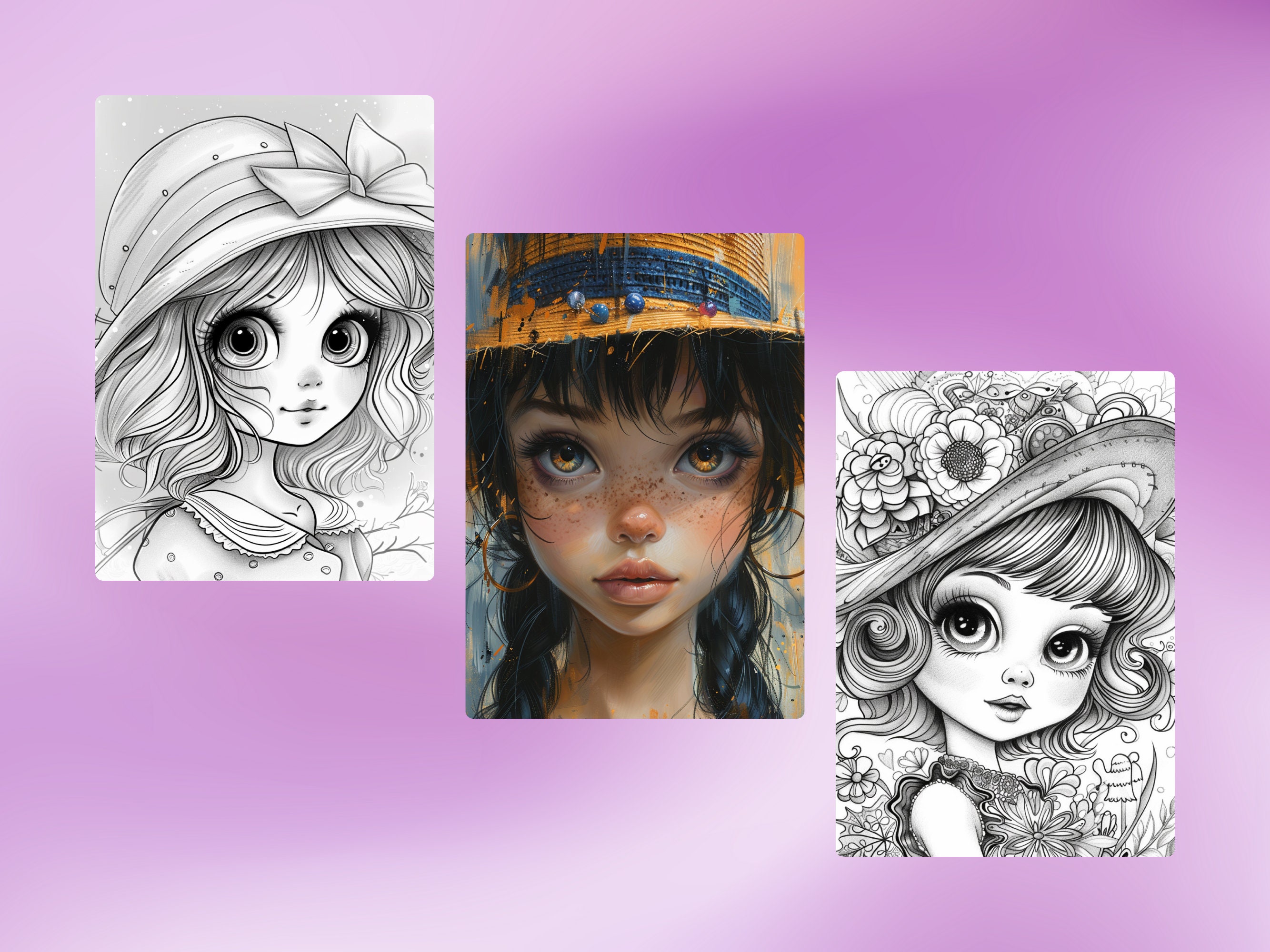 30 Girls in Hats Anime Coloring Pages, Grayscale Printable Coloring ...