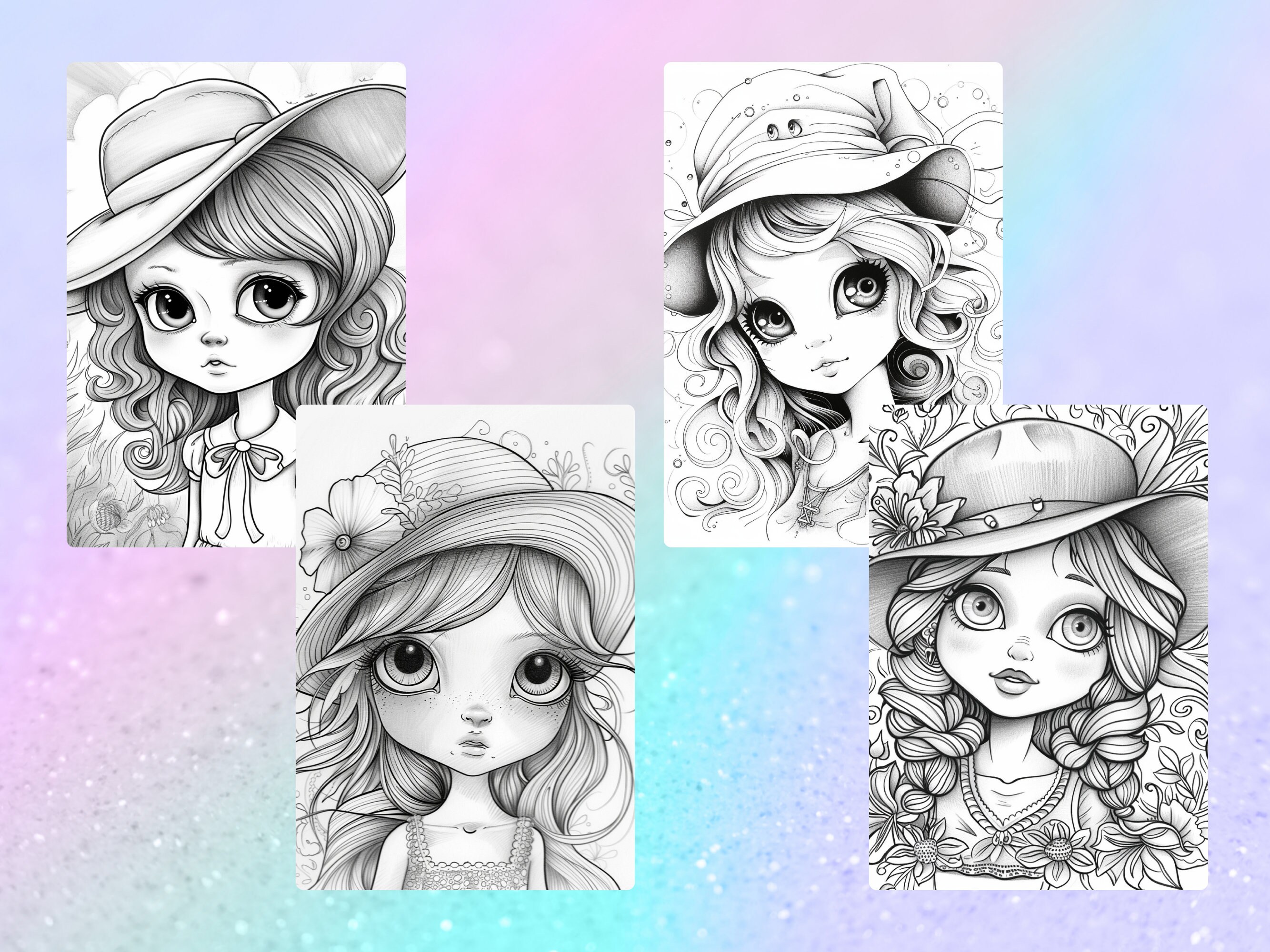 30 Girls in Hats Anime Coloring Pages, Grayscale Printable Coloring ...