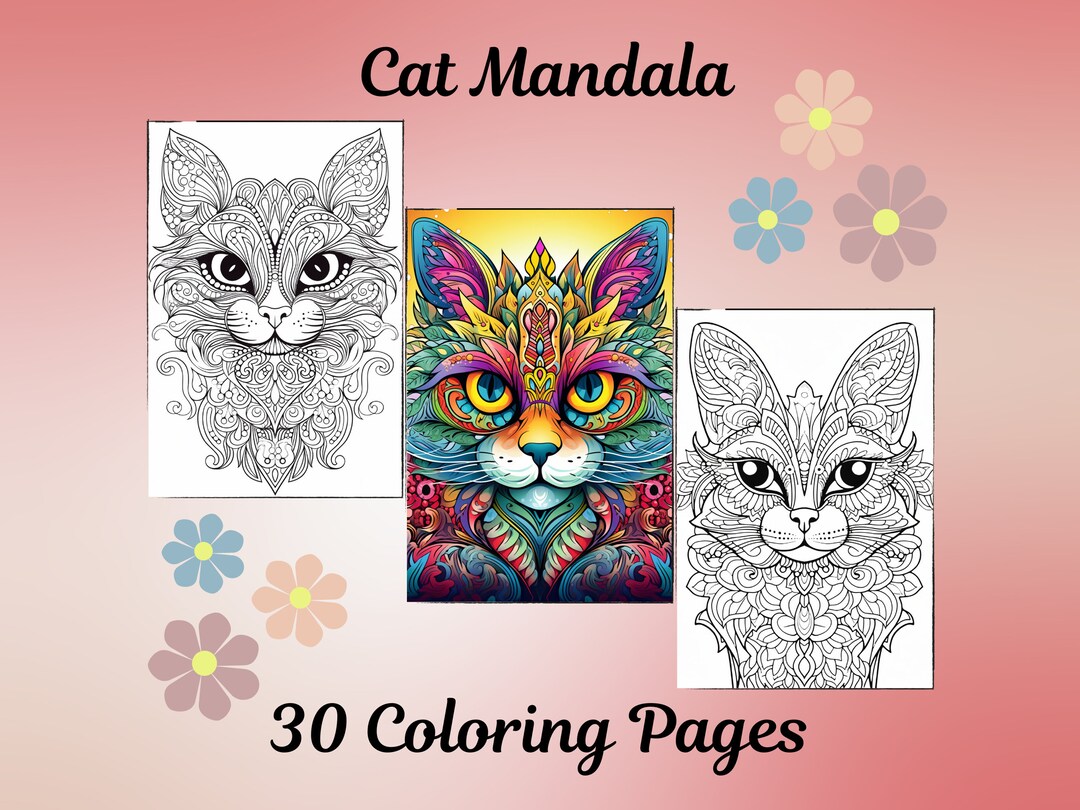 30 Cat Mandala Coloring Pages Adult Coloring Sheets Printable Coloring ...