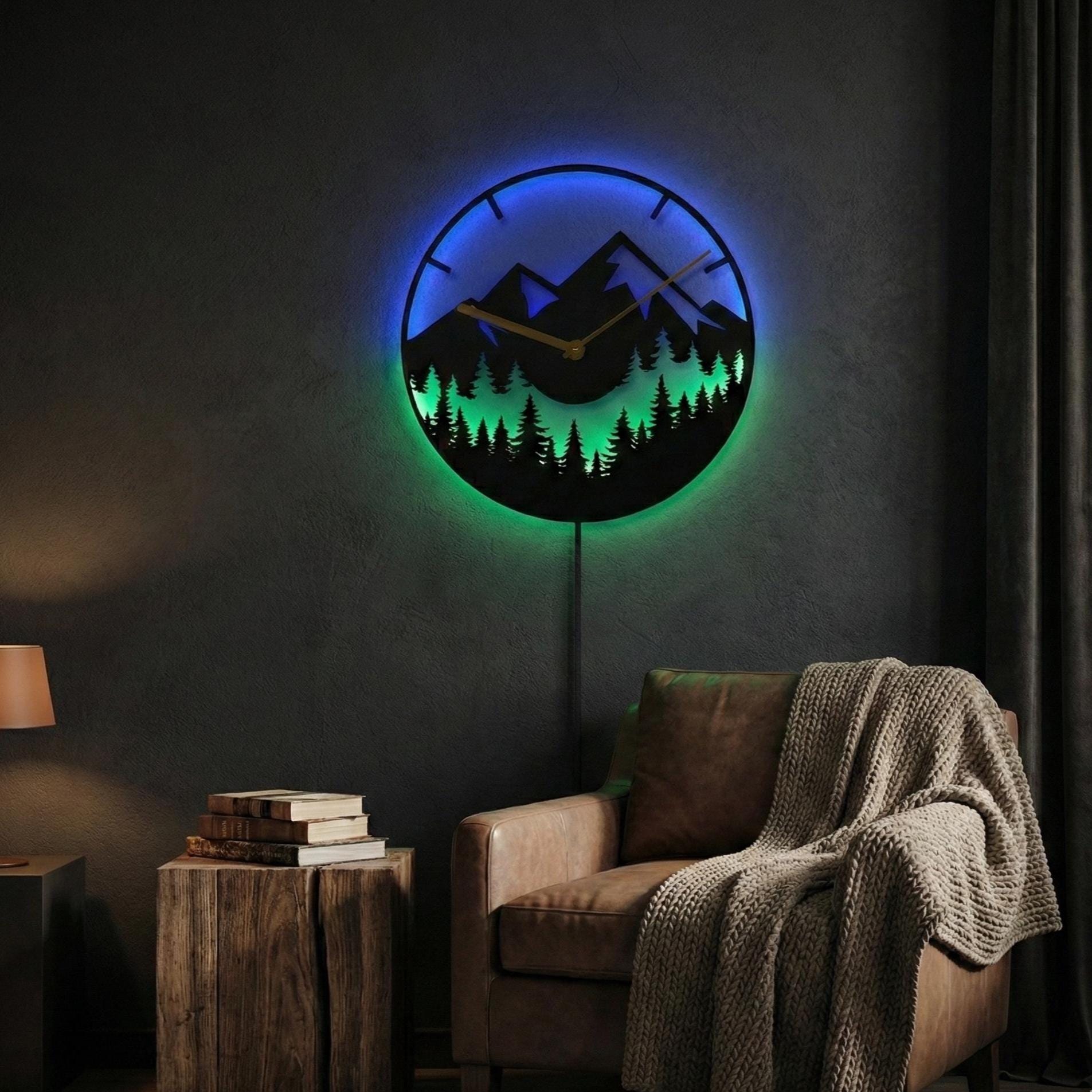 Mountain LED Wall Clock, Forest Metal Wall Art, Backlit Nature Clock ...