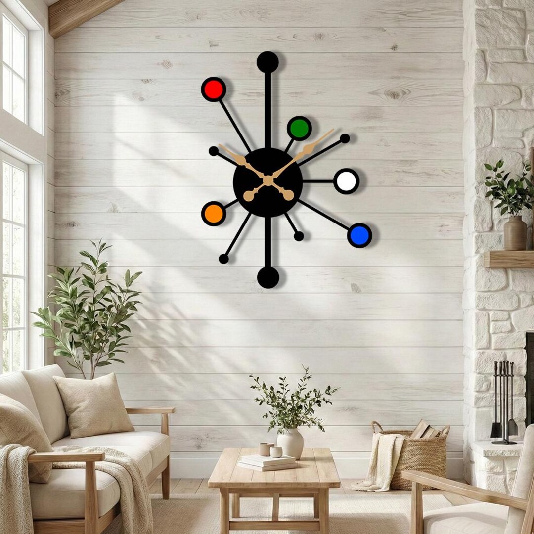 Mid Century Modern Wall Clock, Atomic Starburst Clock, Colorful Metal ...