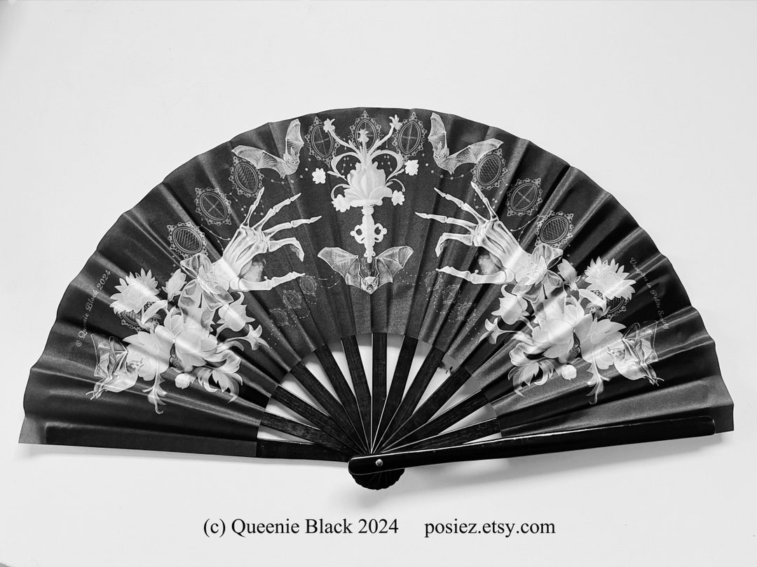13" Large Hand Fan Black and White Baroque Bat Skelton Hands Flowers ...