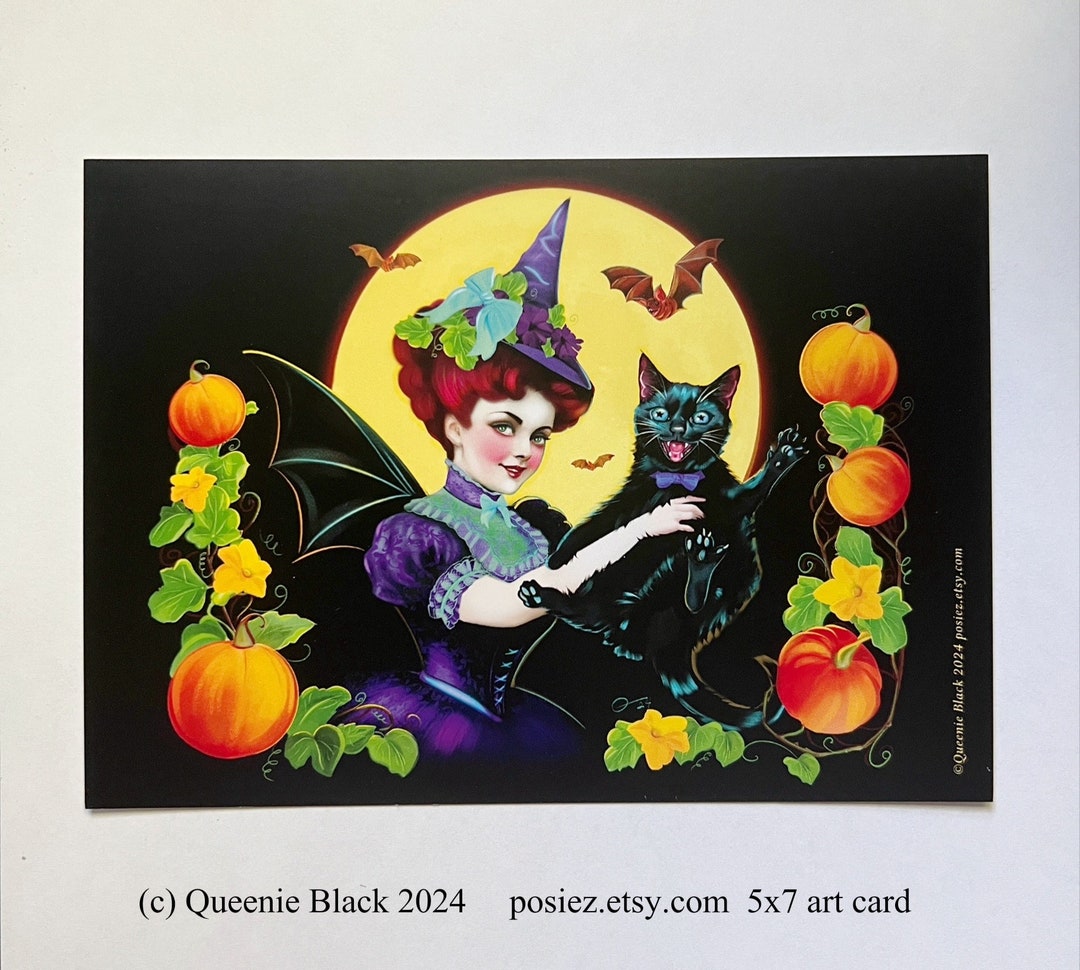Halloween Witch & Black Cat Art Card: Victorian Fall Decor (5x7 Print ...