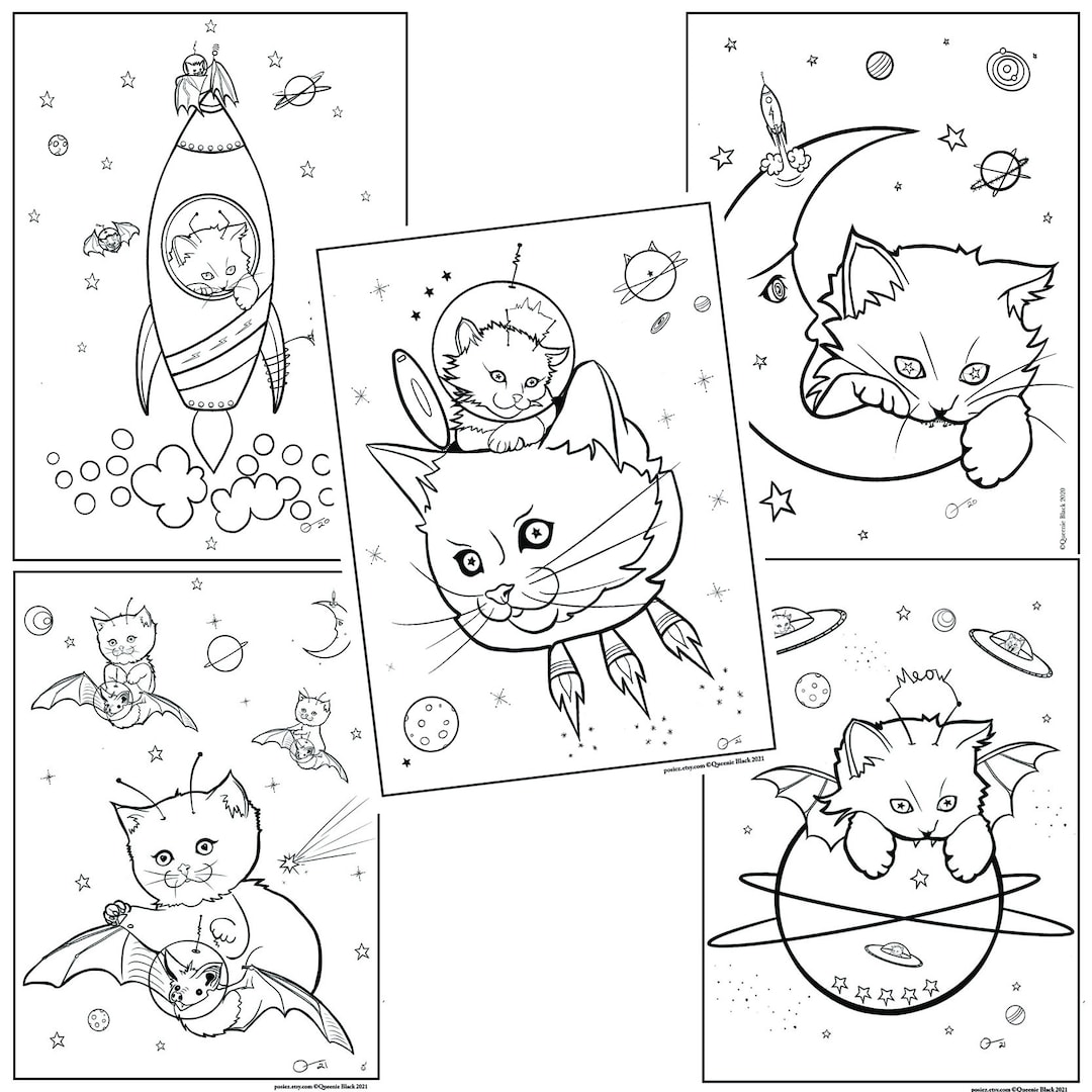 Coloring Page Lot of Space Cats Instant Download Cat Head Pocket Full ...