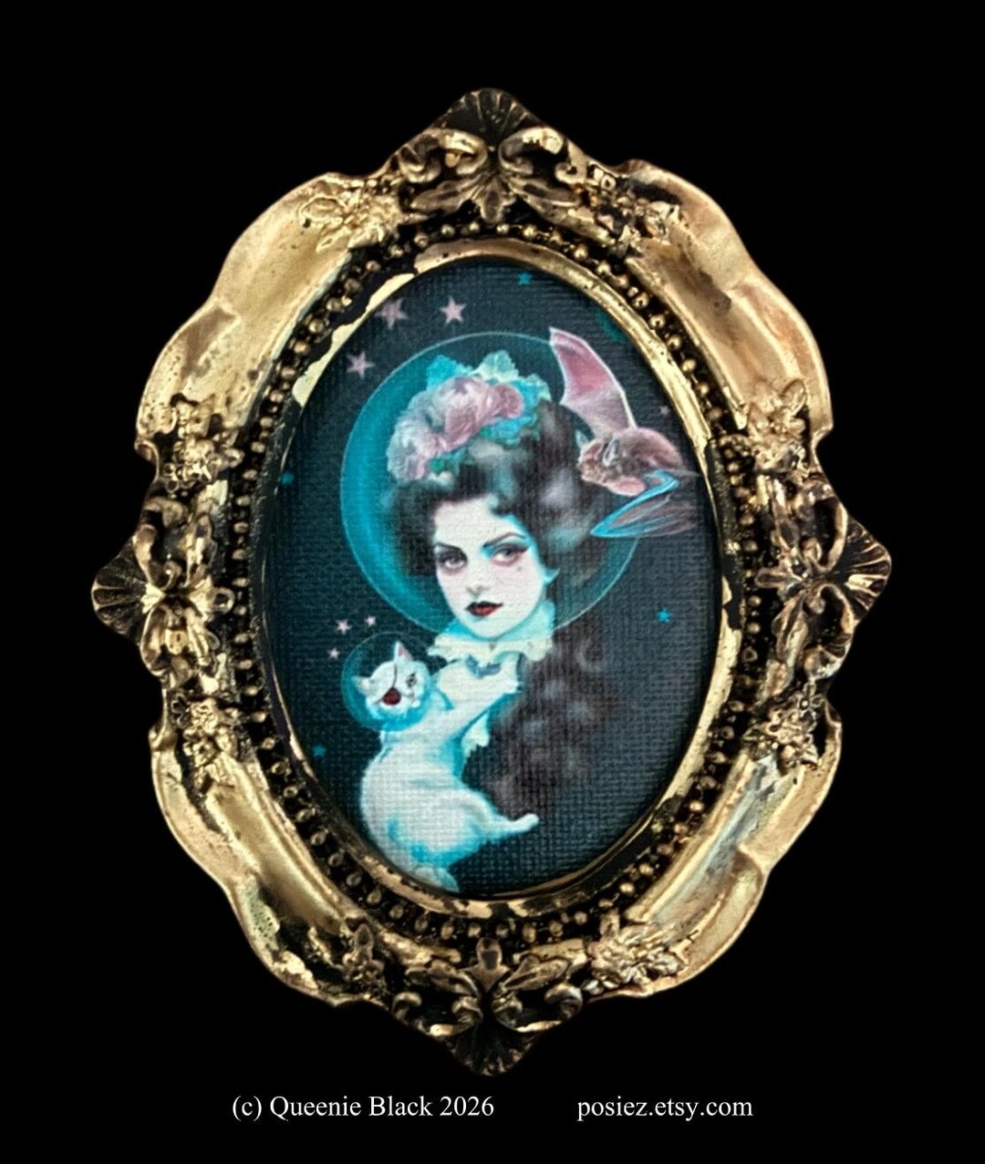 Mini Victorian Space Woman White Cat Art: Gold Baroque Framed Canvas ...