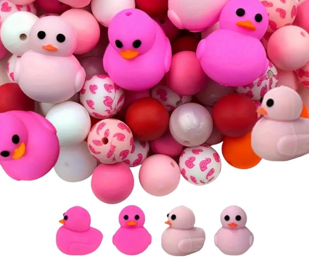 Set of 14 Pink Rubber Ducky Themed Silicone Beads, Crafting, Bracelet ...