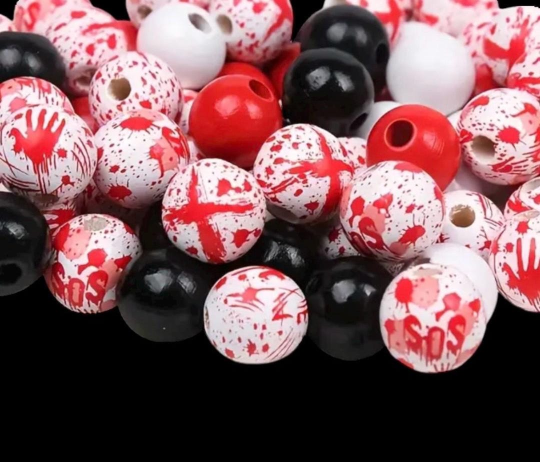 Set of 18 Creepy, Blood, Handprint, X Marks the Spot Wood Bead Set ...
