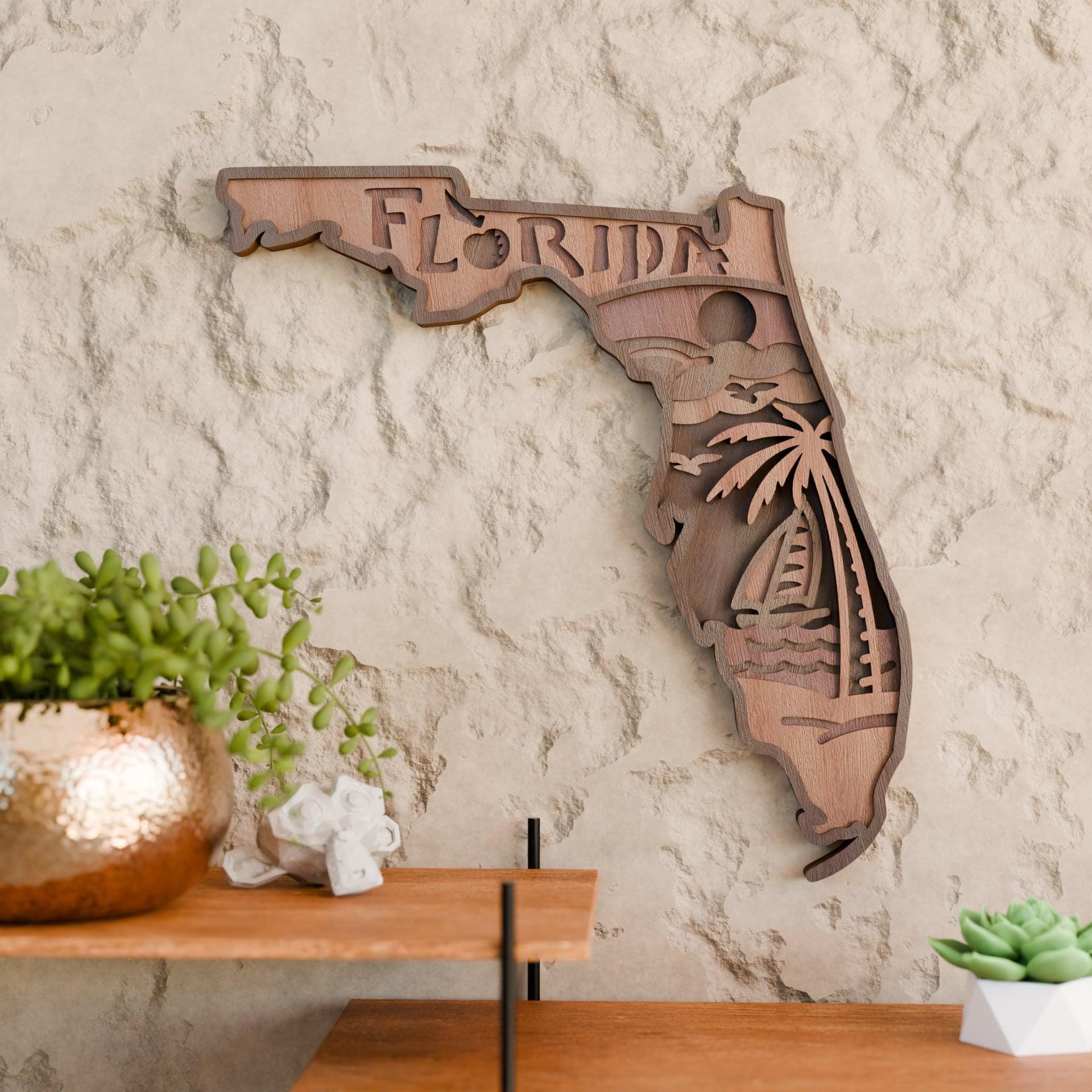 Florida Map Layered SVG | Coastal State Laser Cut Wall Decor | 3D Beach ...