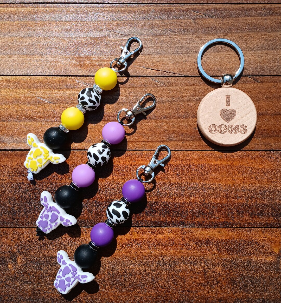 Engraved Wooden Keychain, Silicone Bead Clip on Keychain, Cow Keychain ...