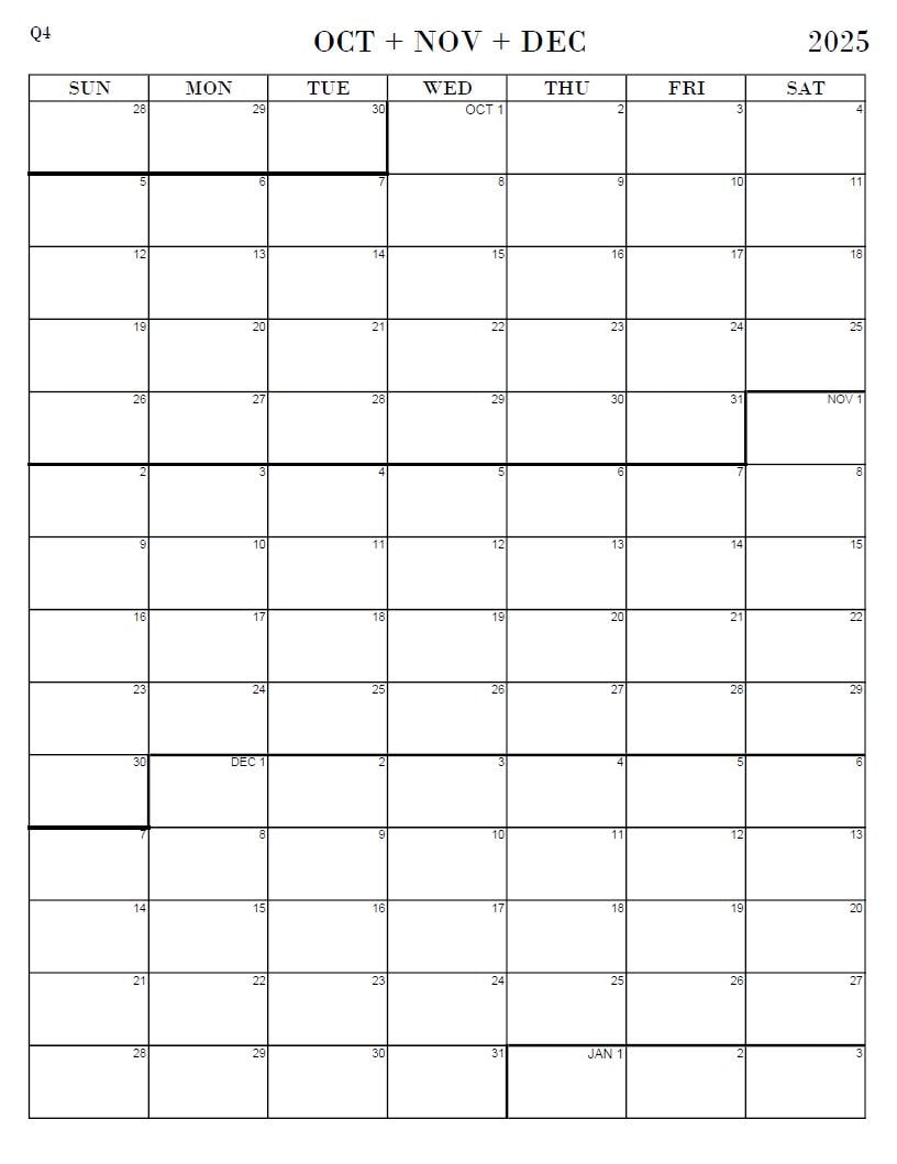 QUARTERLY CALENDAR PRINTABLE || Digital Download || Jan 25-dec 25, Year ...