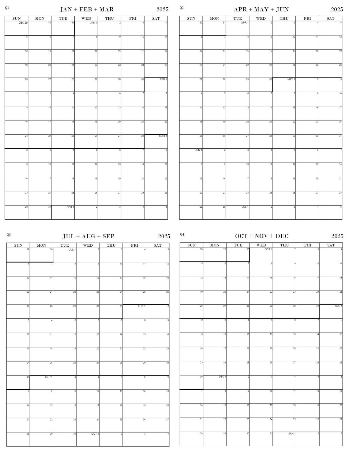 QUARTERLY CALENDAR PRINTABLE || Digital Download || Jan 25-dec 25, Year ...