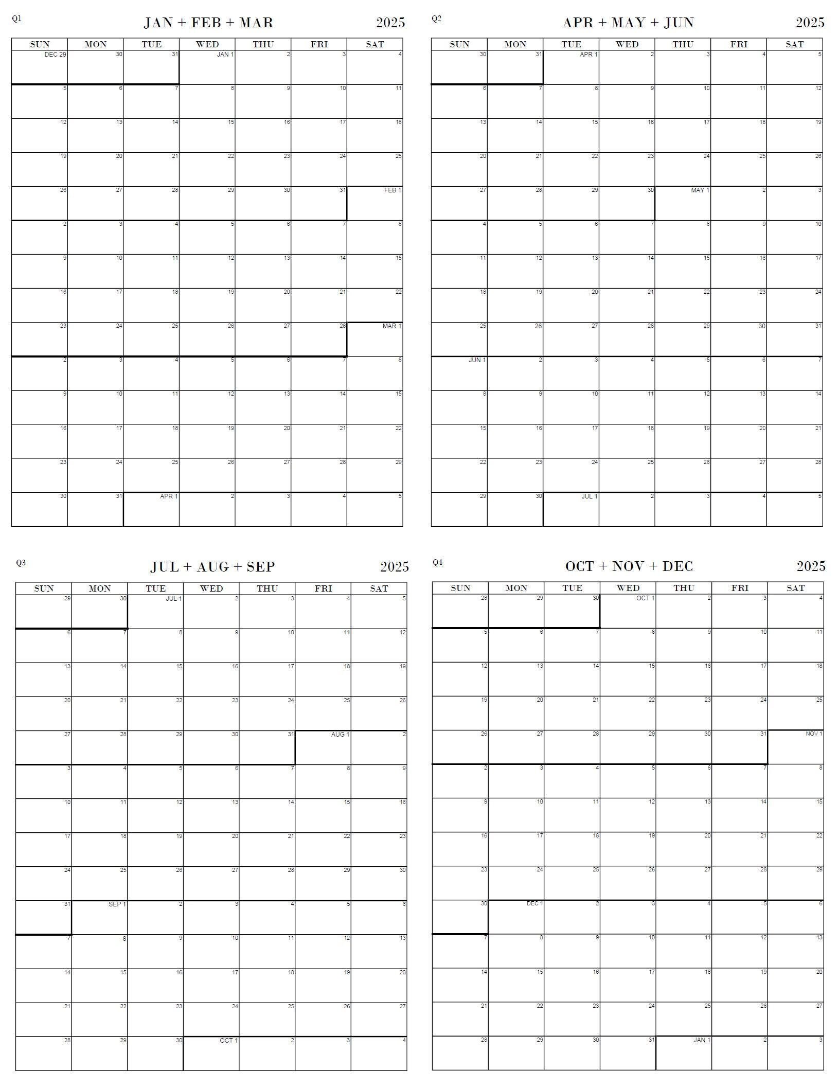 QUARTERLY CALENDAR PRINTABLE || Digital Download || Jan 25-dec 25, Year ...