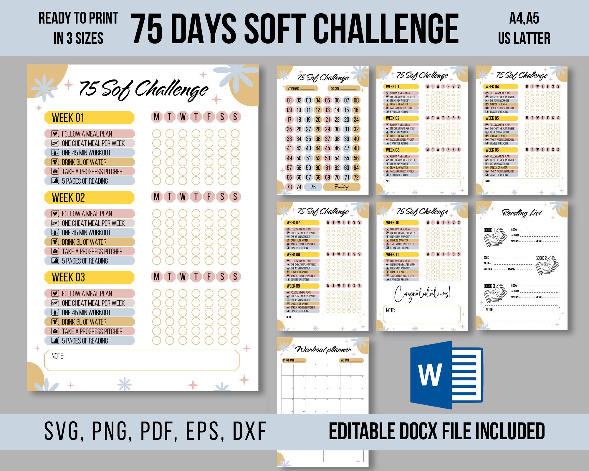 75 Soft Challenge Tracker Printable, , Daily 75 Soft Challenge, 75 Easy ...