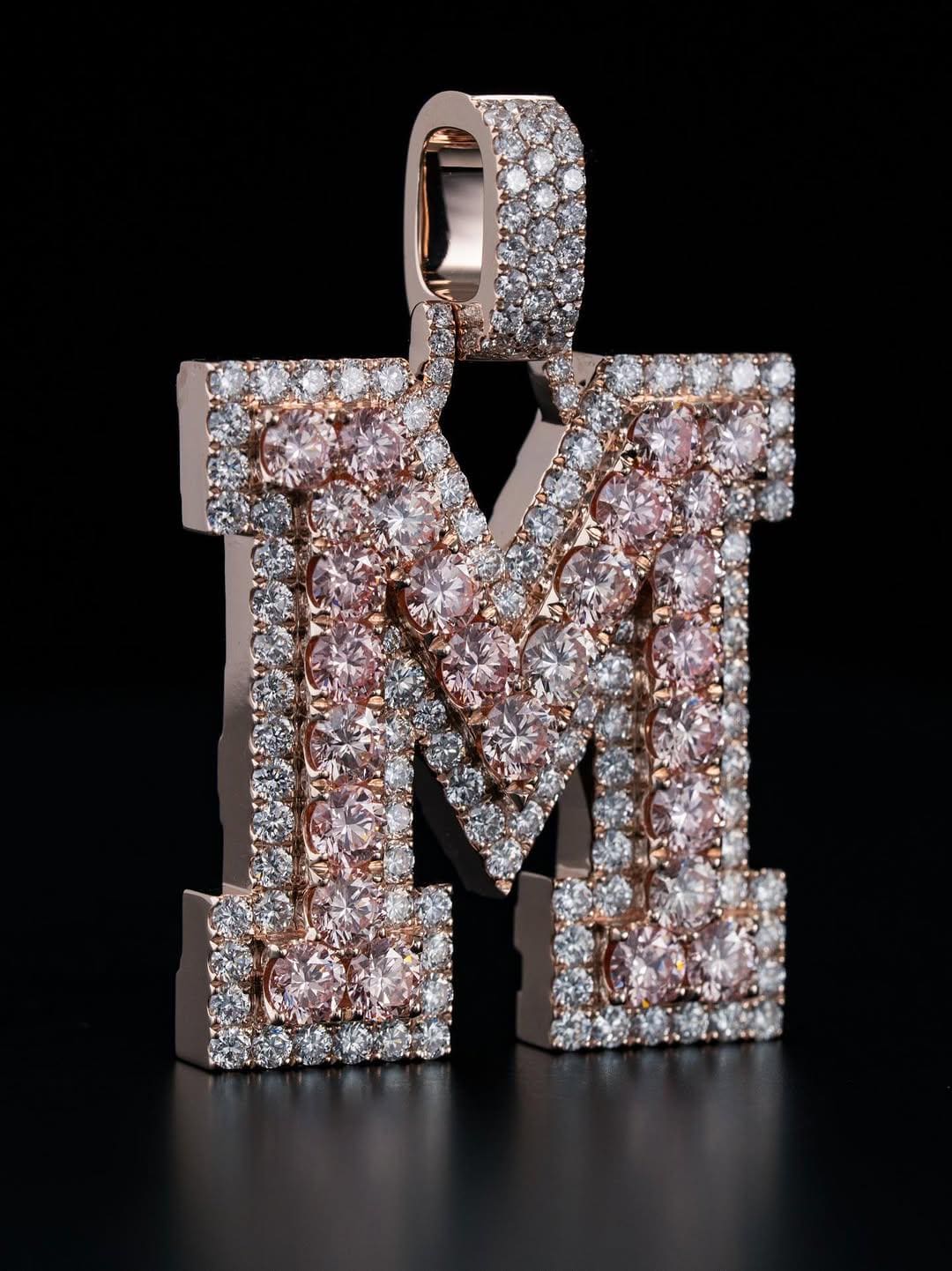 Custom Initial "m" Pendant – 14K Rose Gold Plated, Pink & White Diamond ...
