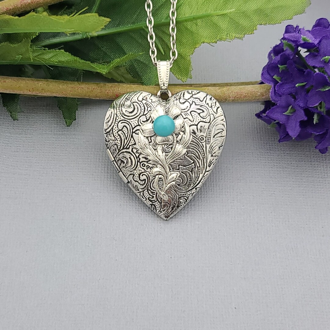 Heart Silver Flower Keepsake Photo Locket Vintage Jewelry Gift for Her ...
