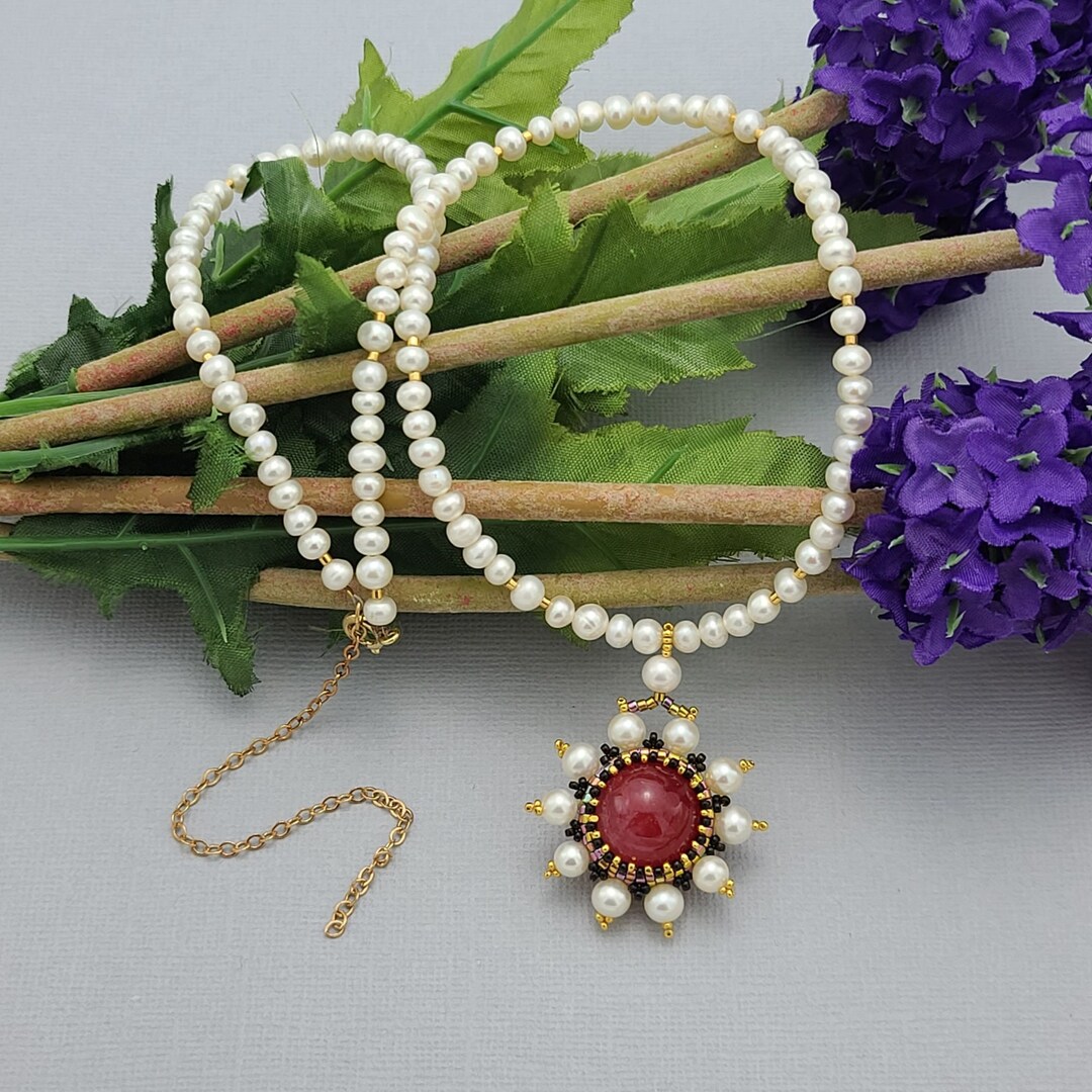 Carnelian White Pearl Beadwork Bead Woven Seed Beads Hand Made Necklace ...