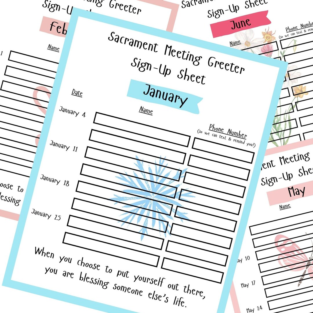 Young Women Sacrament Meeting Greeter Sign-up Sheets | LDS Printable ...