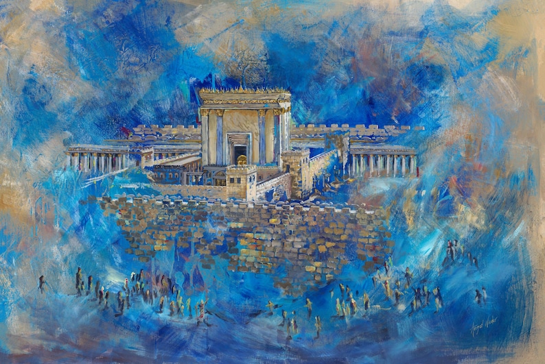 Jewish Art, Blue Beit Hamikdash Painting, Abstract Judaica, Third ...