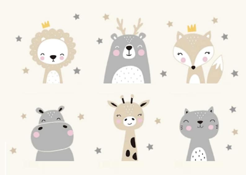 Cute Animals Nordic Motif Sticker 6 Pcs, Hippo Giraffe Cat Lion ...