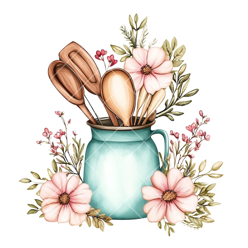 Watercolor Bakery Clipart: Floral Kitchen Utensils (digital Download ...