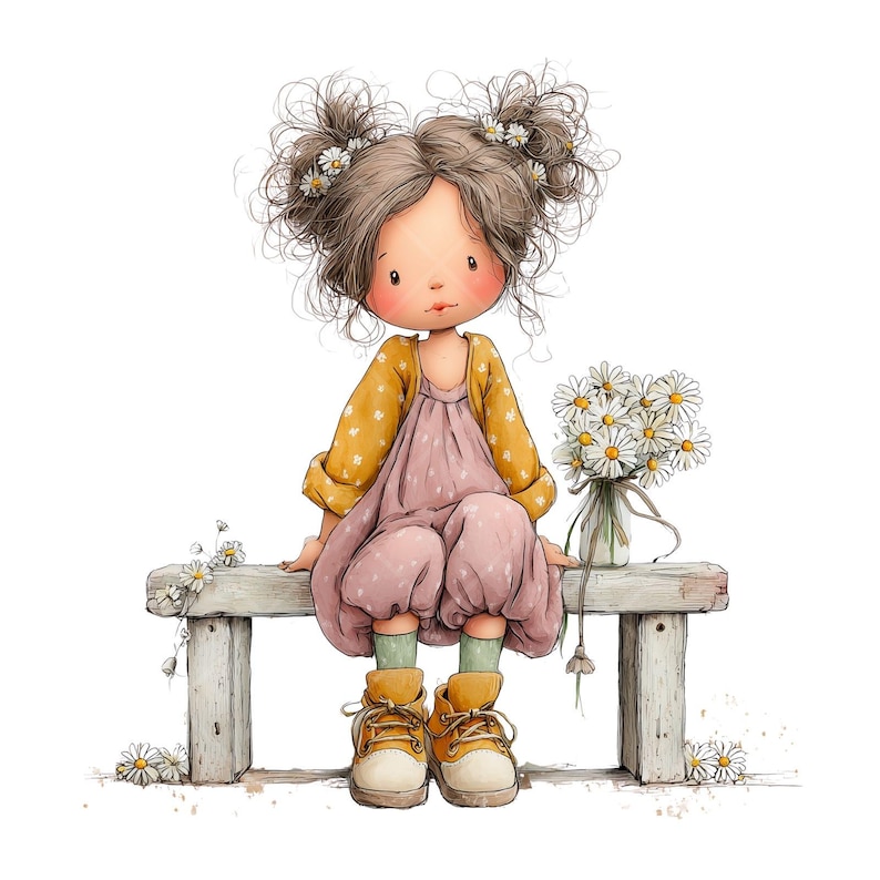 Spring Girl Clipart PNG Bundle, Daisy Kids Illustration, Digital ...
