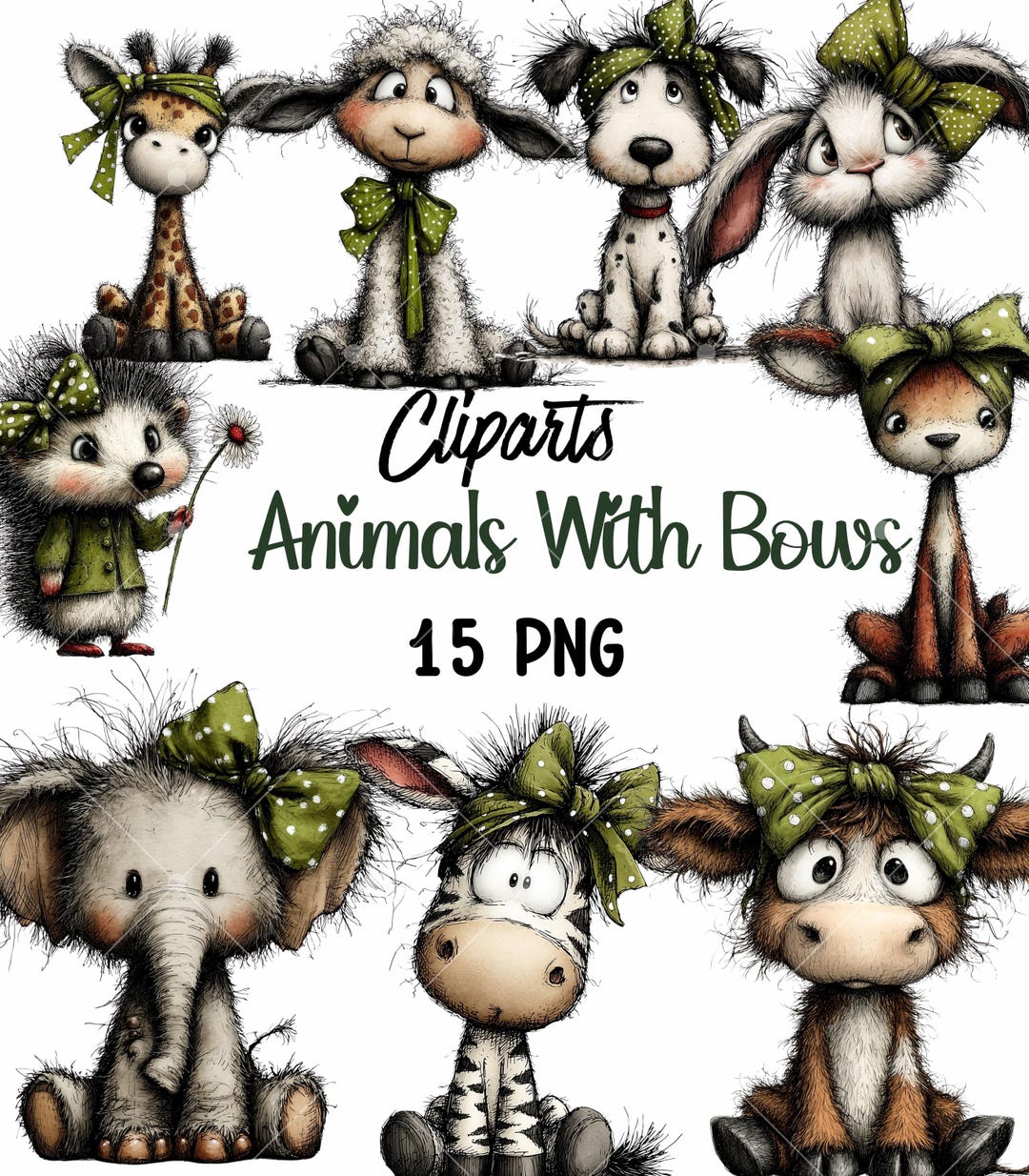 Animals With Bows Clipart PNG Bundle, Cute Whimsical Nursery Animals ...